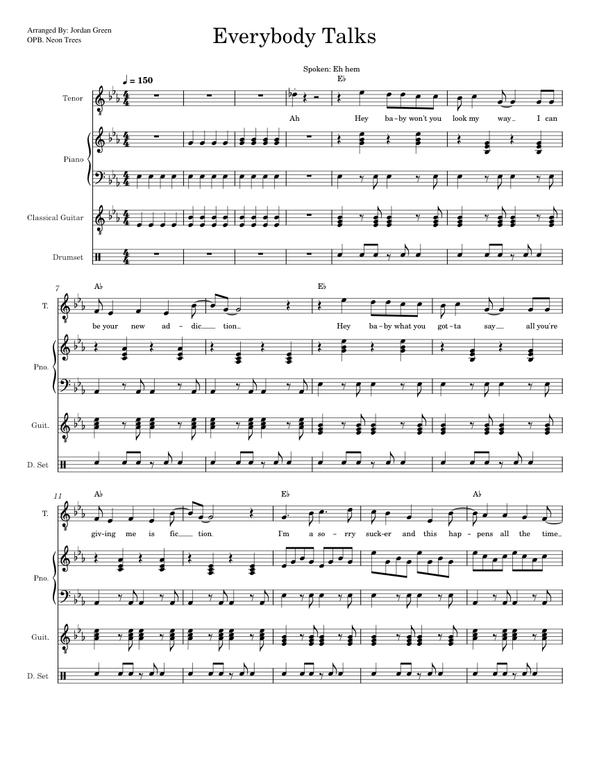 Everybody Talks Band Sheet Music with Chords for Piano, Tenor, Guitar ...