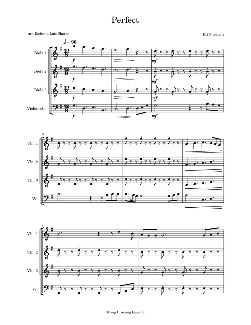 Perfect – Ed Sheeran Sheet Music for Violin, Cello (String Ensemble ...
