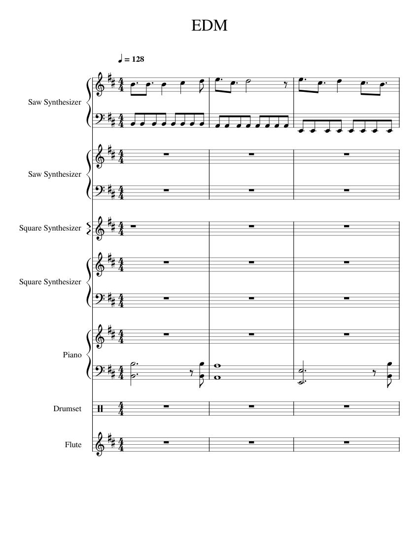 EDM Test Sheet Music for Piano, Flute, Drum group, Synthesizer (Mixed ...