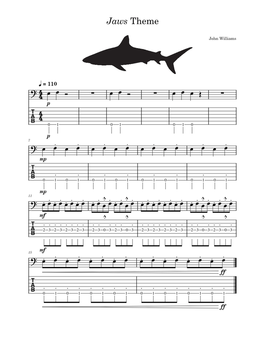 Jaws Theme Sheet Music and Tab for Piano, Guitar, Bass guitar (Mixed ...