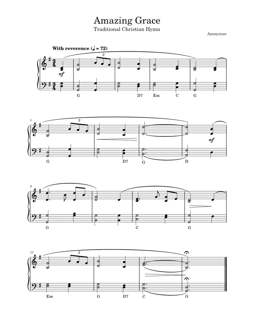 Amazing Grace – Traditional christian hymn Sheet Music with Chords for ...