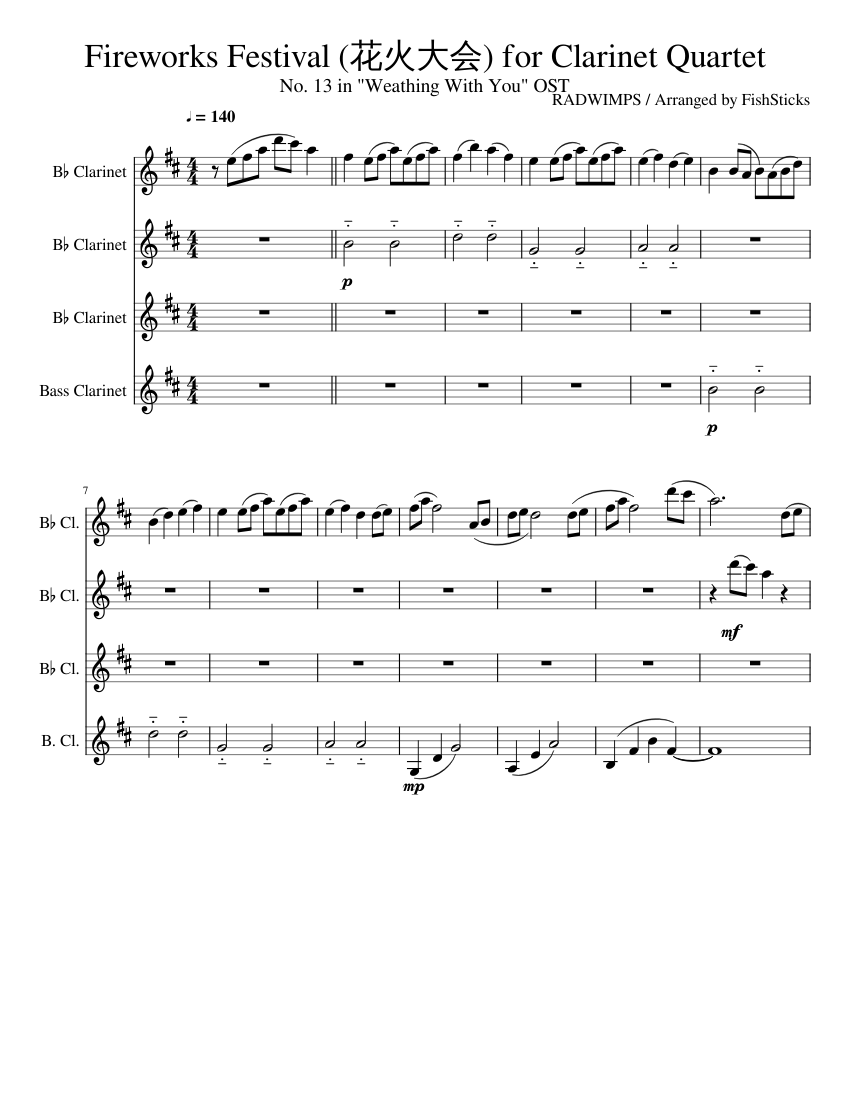 Fireworks Festival (花火大会) for Clarinet Quartet (Weathering With You ...