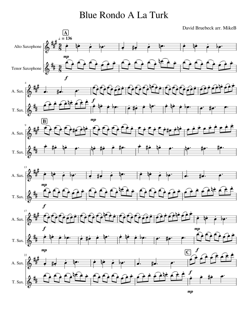 Blue Rondo A La Turk Sheet Music for Saxophone alto, Saxophone tenor ...