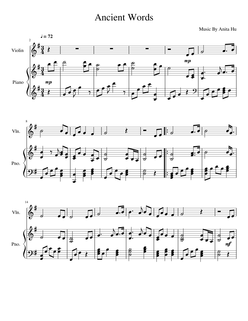 Ancient words Sheet Music for Piano, Violin (Solo) | MuseScore.com