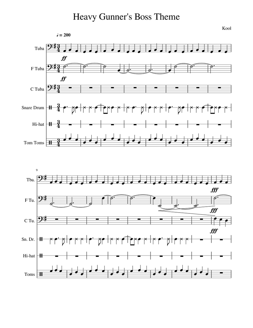 Heavy Gunner's Boss Theme Sheet Music for Tuba, Snare drum, Tom tom, Hi ...