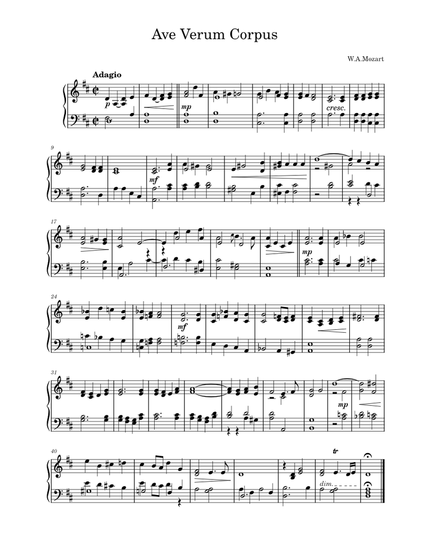 Ave Verum Corpus – Wolfgang Amadeus Mozart Sheet Music for Piano (Solo ...