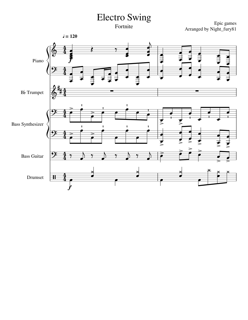 Electro Swing Sheet Music for Piano, Trumpet in b-flat, Bass guitar ...