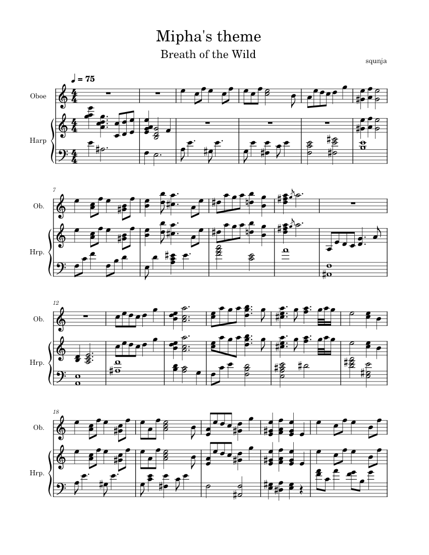 Breath of the Wild Mipha's Theme Sheet Music for Oboe, Harp (Mixed Duet ...