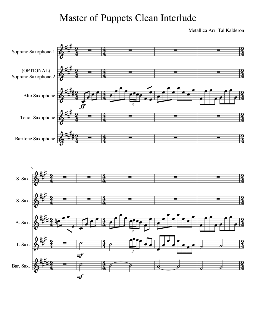 Master of Puppets Clean Interlude Sax Quintet/Quartet Sheet Music for ...