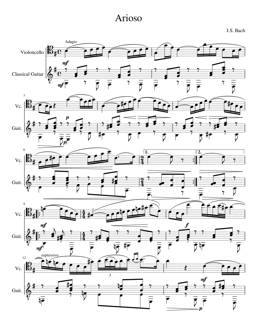 Arioso Sheet Music for Cello, Guitar (Mixed Duet) | MuseScore.com