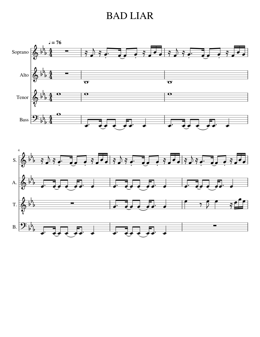 BAD_LIAR Sheet Music for Soprano, Alto, Tenor, Bass voice (Choral ...