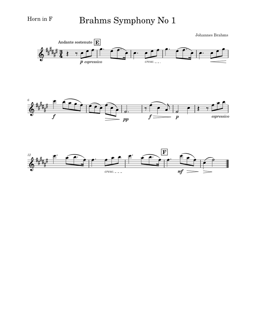 Symphony No.1, Op.68 – Johannes Brahms Horn Excerpt (transposed) Sheet Music for French horn ...
