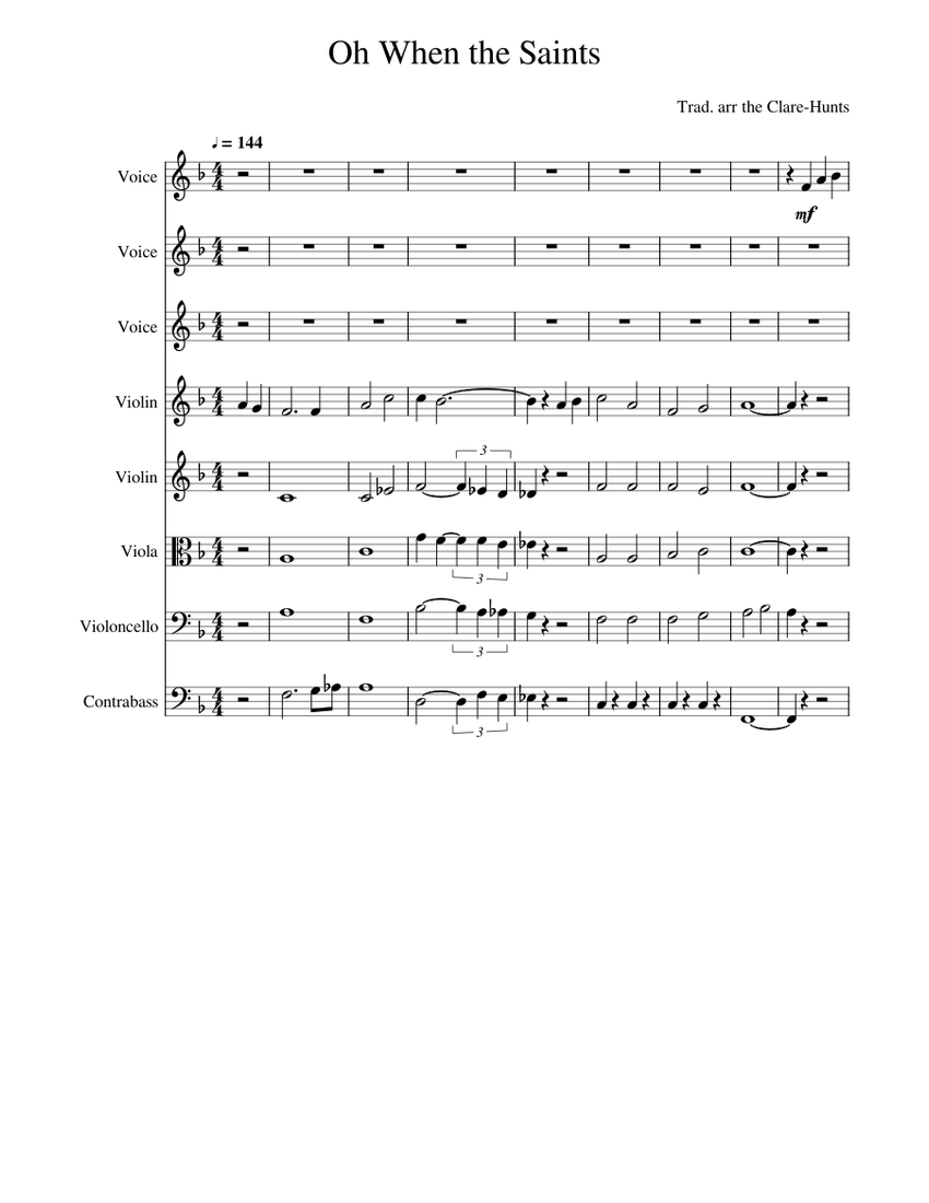 Oh When the Saints Sheet Music for Vocals, Contrabass, Violin, Viola ...