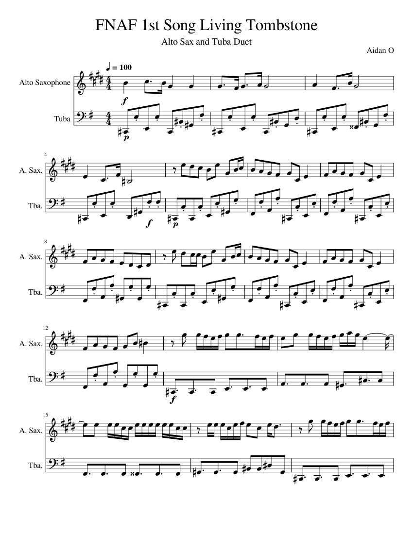 FNAF 1st Song Living Tombstone Sheet Music for Tuba, Saxophone alto ...