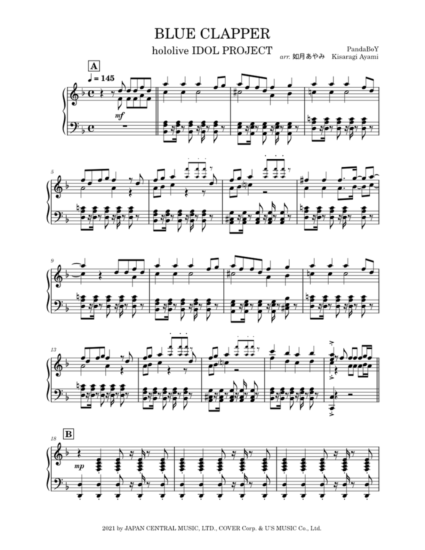 BLUE CLAPPER – Hololive IDOL PROJECT Sheet music for Piano (Solo ...