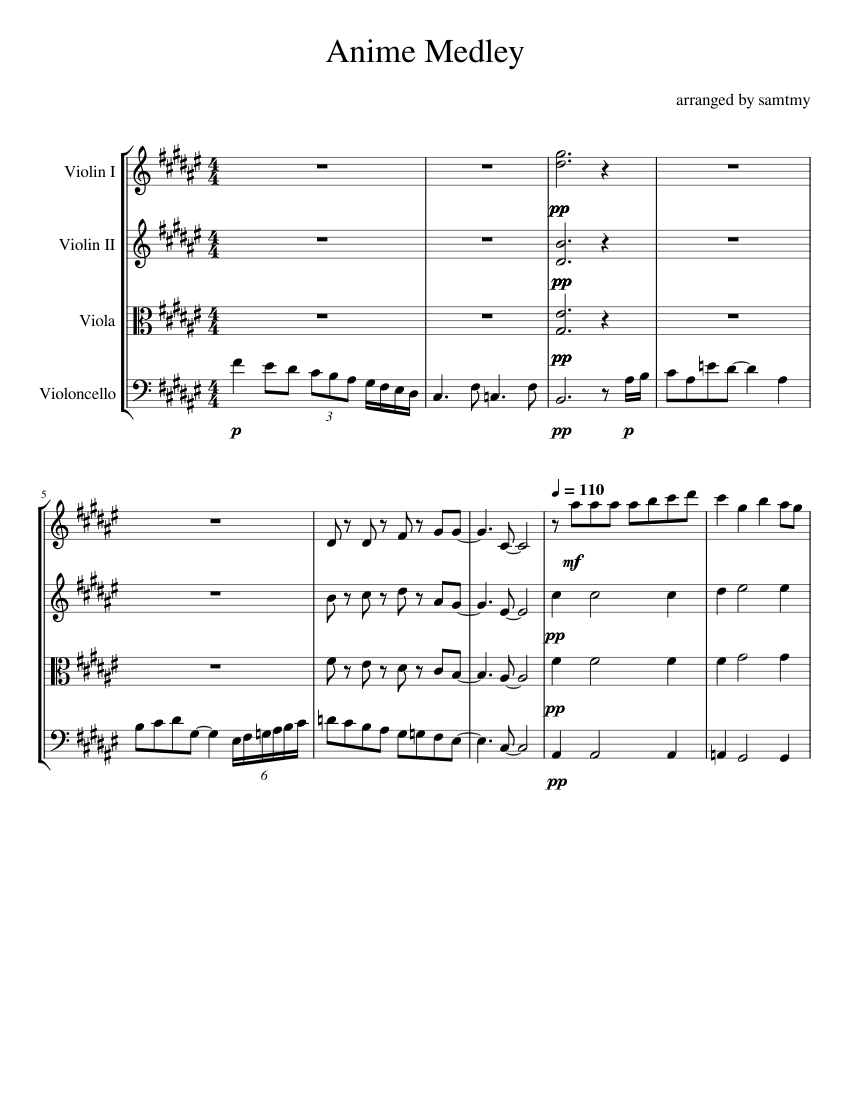 Anime Medley Sheet music for Violin, Viola, Cello (String Quartet ...