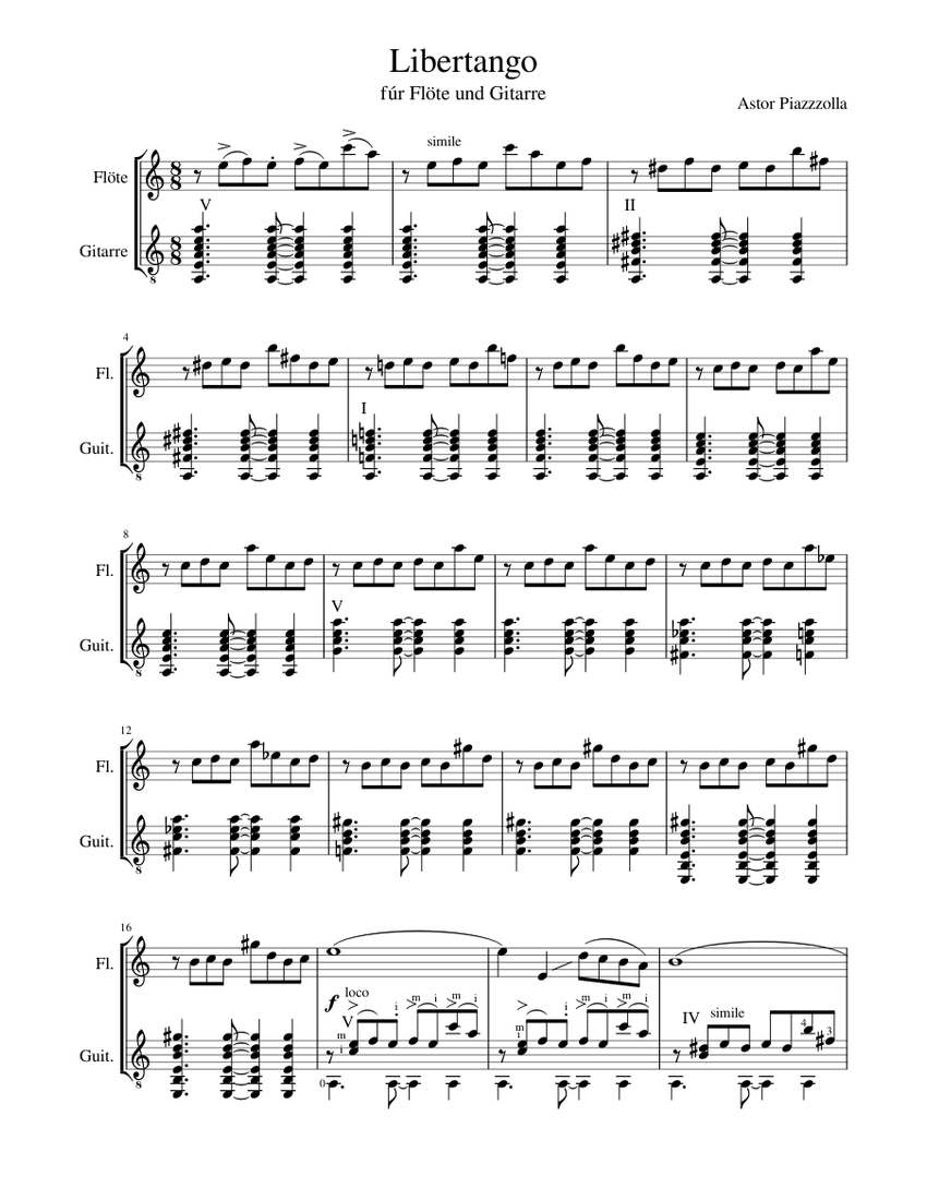 Libertango Piazzola Sheet Music for Flute, Guitar (Mixed Duet ...