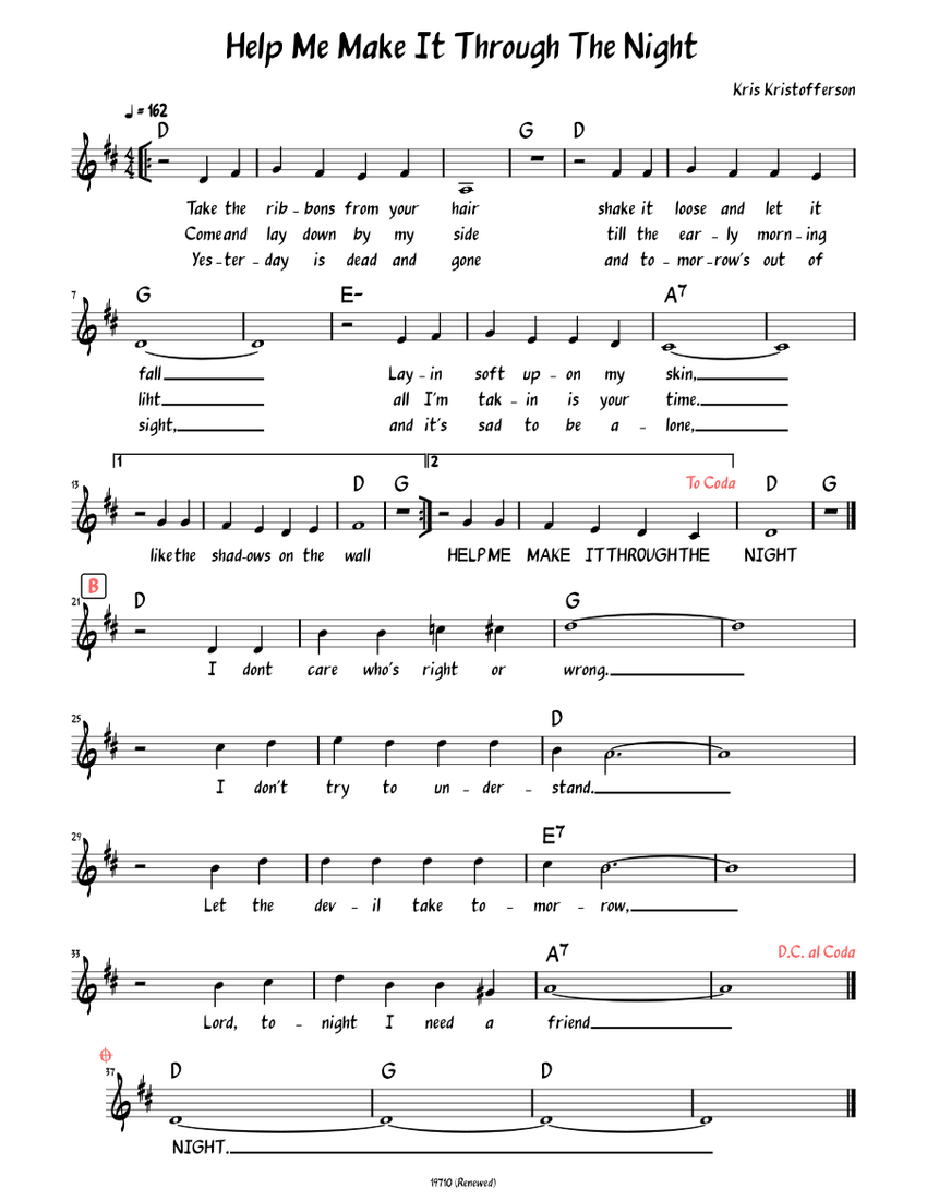 Help Me Make It Through The Night (Lead sheet with lyrics ) Sheet Music ...