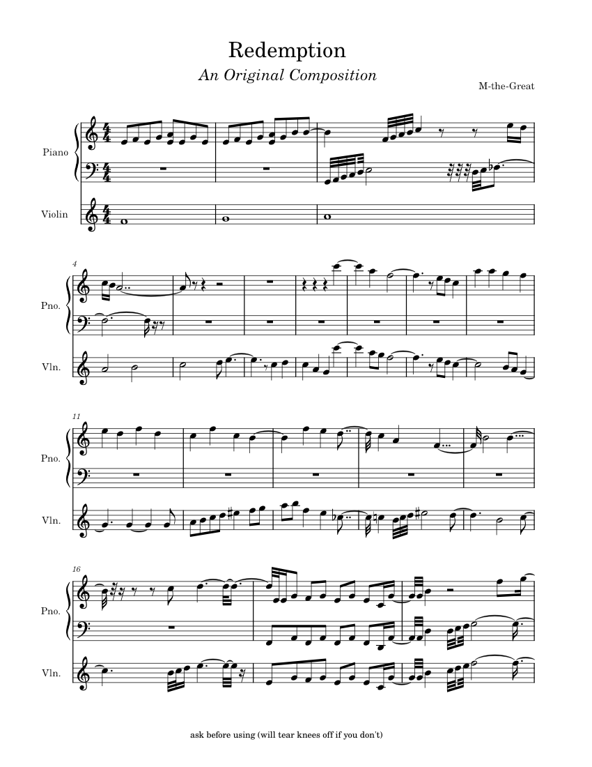 Redemption Sheet Music for Piano, Violin (Solo) | MuseScore.com