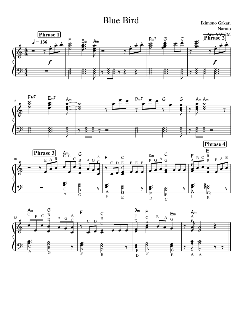 Blue Bird Ikimono Gakari - YWCM - -8 Section 2 Notenames Sheet Music ...