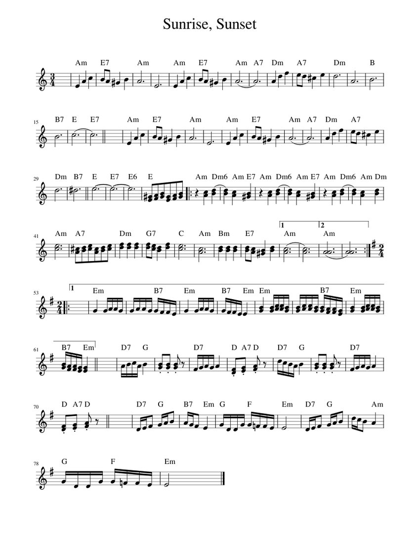 Sunrise, Sunset Sheet Music with Chords for Piano (Solo) Easy ...