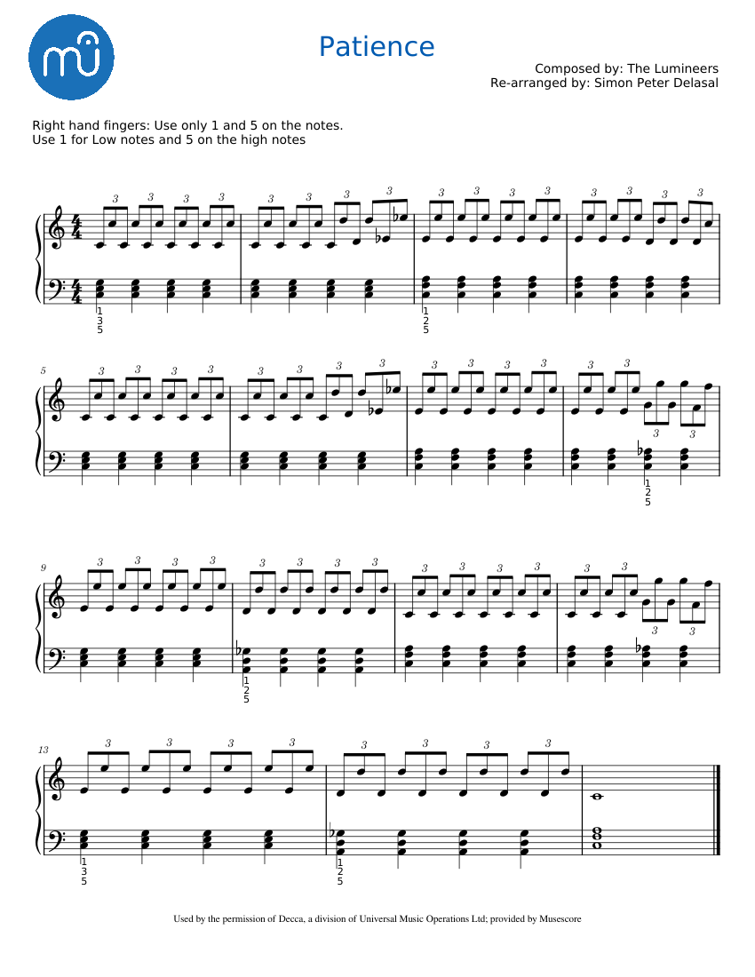 Patience – The Lumineers Sheet Music for Piano (Solo) Easy | MuseScore.com