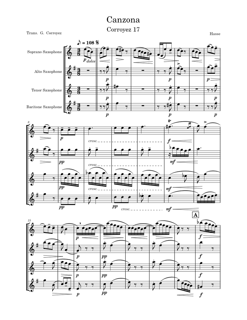 Canzona – Johann Adolph Hasse Sheet Music for Saxophone alto, Saxophone ...