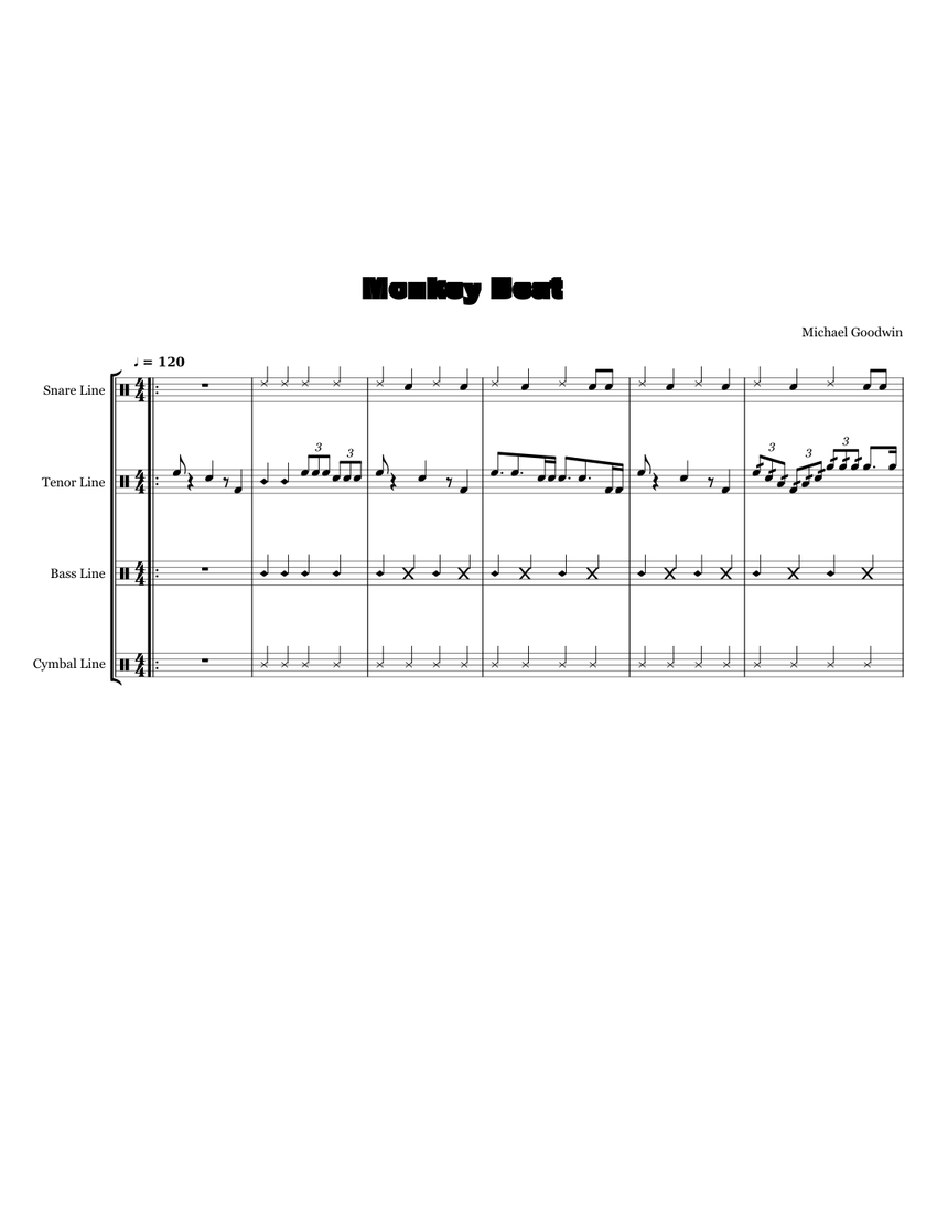 Monkey_Beat Sheet music for Snare drum, Crash, Tenor drum, Bass drum ...