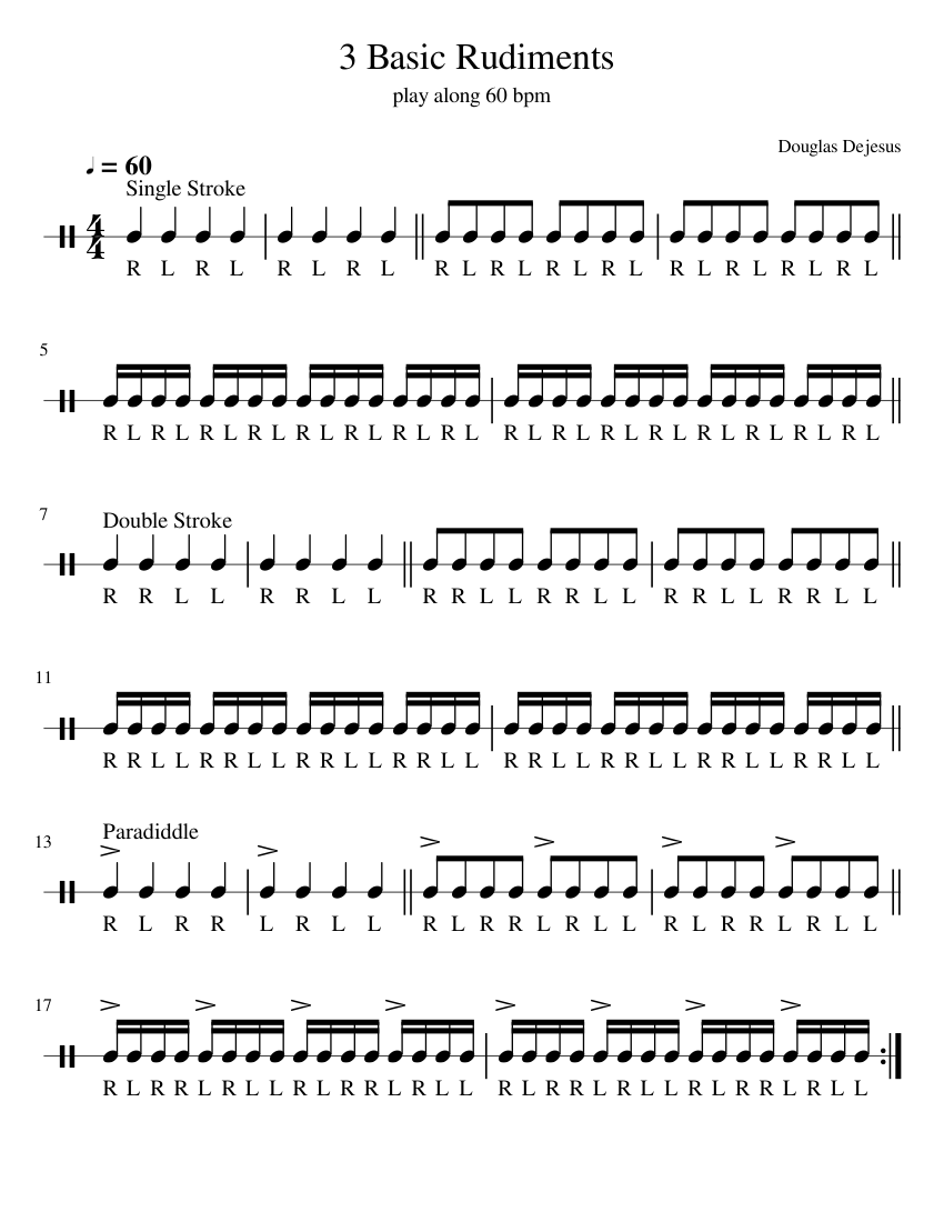 3 Basic Rudiments 60BPM Sheet Music for Snare drum (Solo) | MuseScore.com