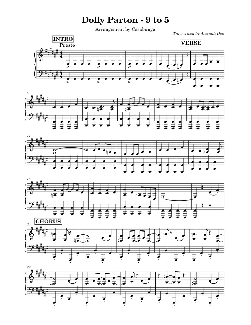 9 to 5 – Dolly Parton (Arrangement by Carabunga) Sheet Music for Piano ...