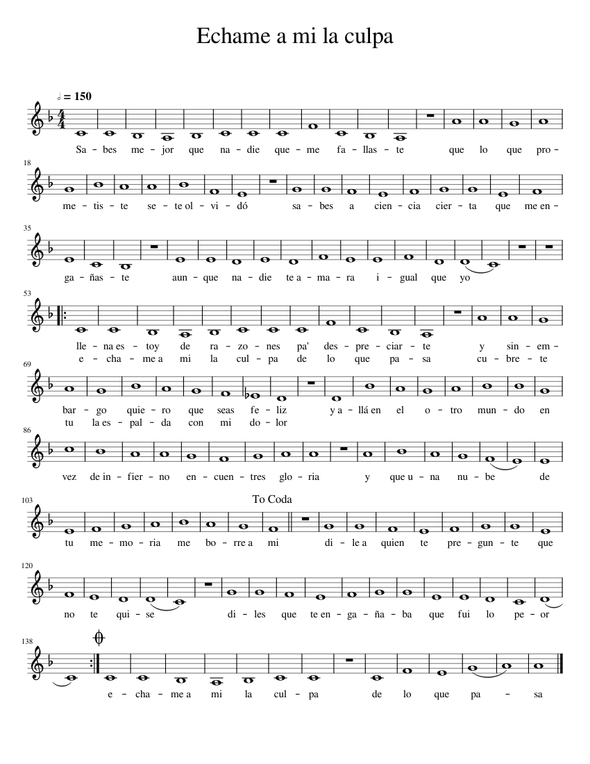 Echame a mi la culpa corrección Sheet Music for Piano (Solo) Easy ...