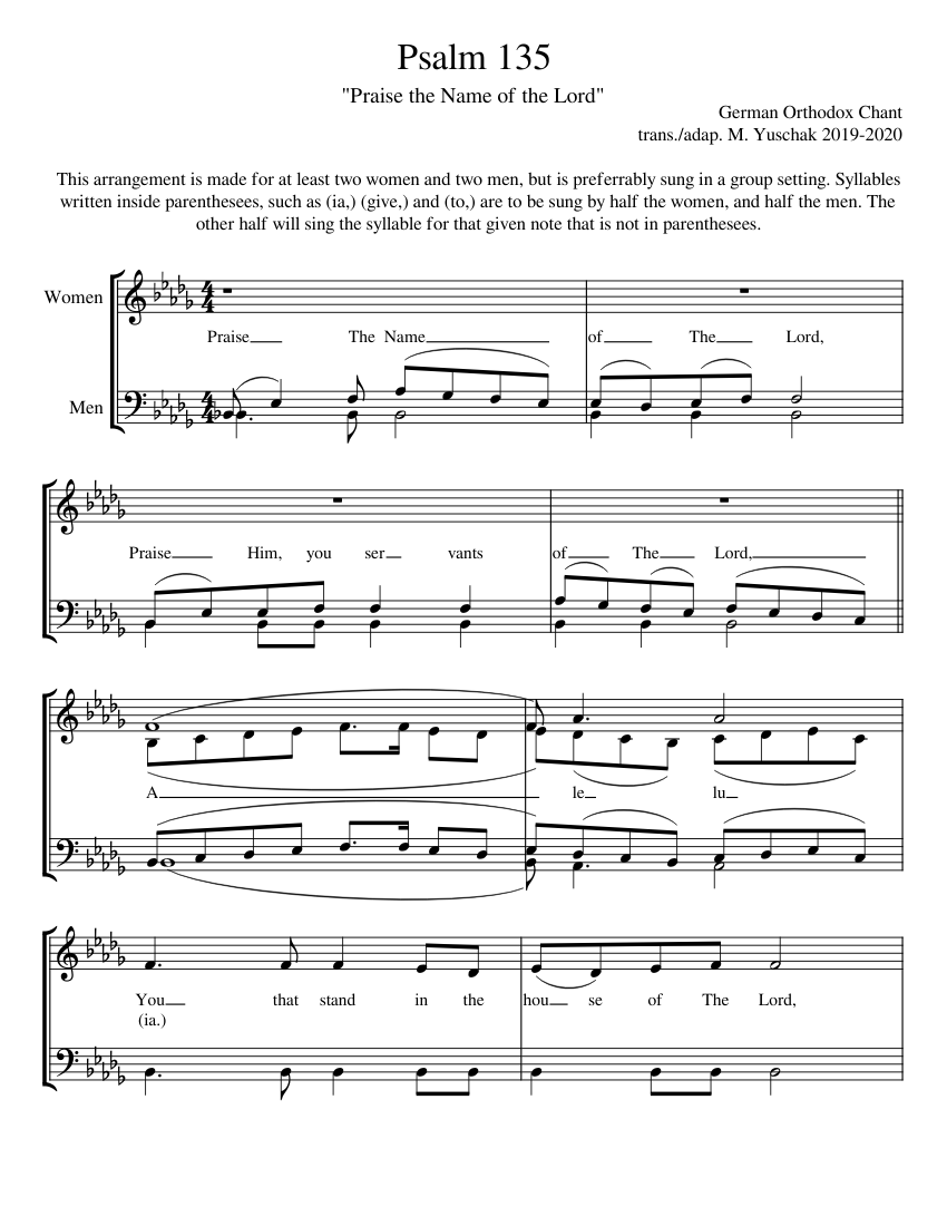 Psalm 135 - German Orthodox Chant Adap. M. Yuschak Sheet Music for Female, Male (Choral ...