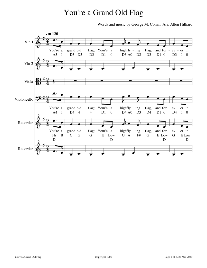 Youre a Grand Old Flag Sheet Music for Violin, Viola, Cello, Recorder ...