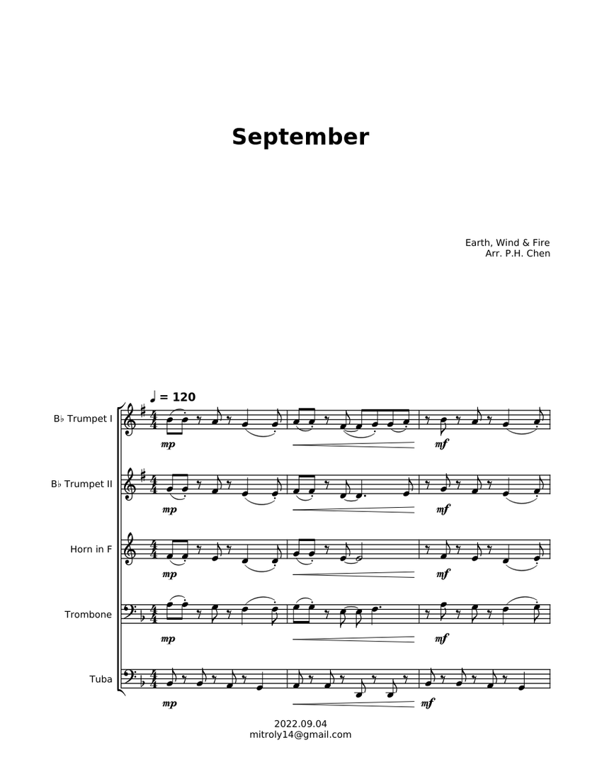 September Sheet Music for Trombone, Tuba, Trumpet in b-flat, French ...