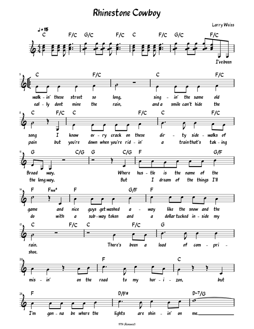 Rhinestone Cowboy (Lead sheeet with lyrics ) Sheet Music with Chords ...