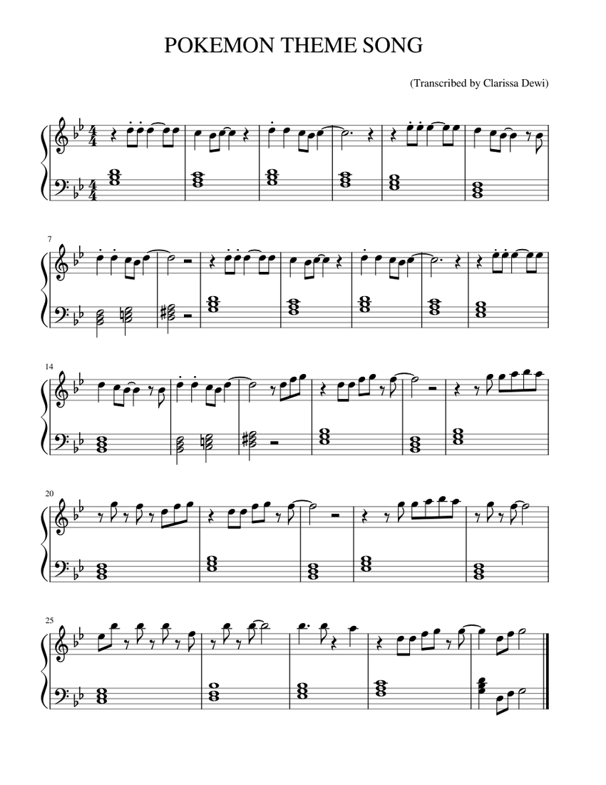 POKEMON THEME SONG Easy Version Sheet Music for Piano (Solo ...