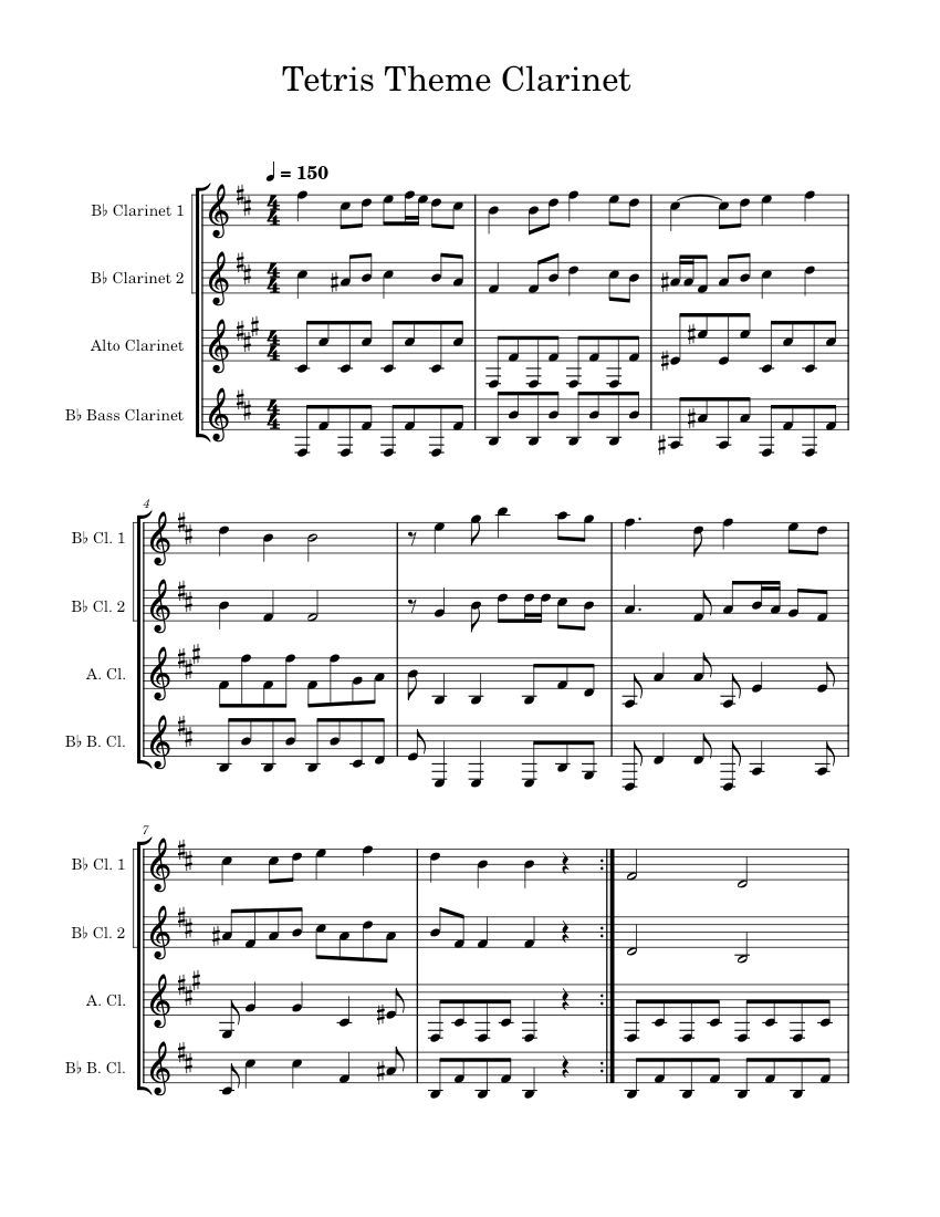 Korobeiniki/Tetris Theme Sheet Music for Clarinet in b-flat, Clarinet ...