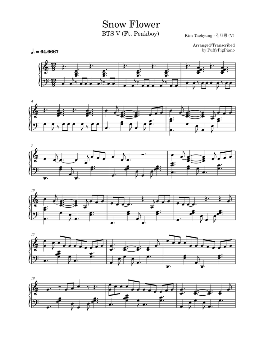Snow Flower – V (feat. Peakboy) Easy Ver - C Major Sheet Music for ...
