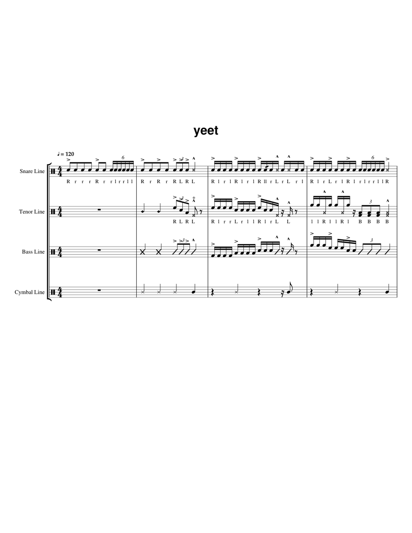 yeet Sheet Music for Snare drum, Crash, Tenor drum, Bass drum ...