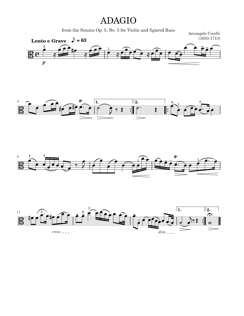 Adagio from the Sonata Op. 5, No. 5 for Violin and figured Bass ...
