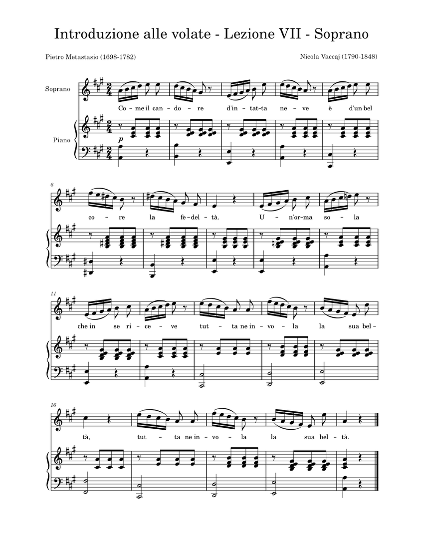 Vaccaj-7 Come il candore Sheet Music for Piano, Vocals (Piano-Voice ...