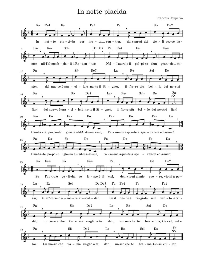 In notte placida con armonizzazione a 4 voci Sheet Music for Vocals ...