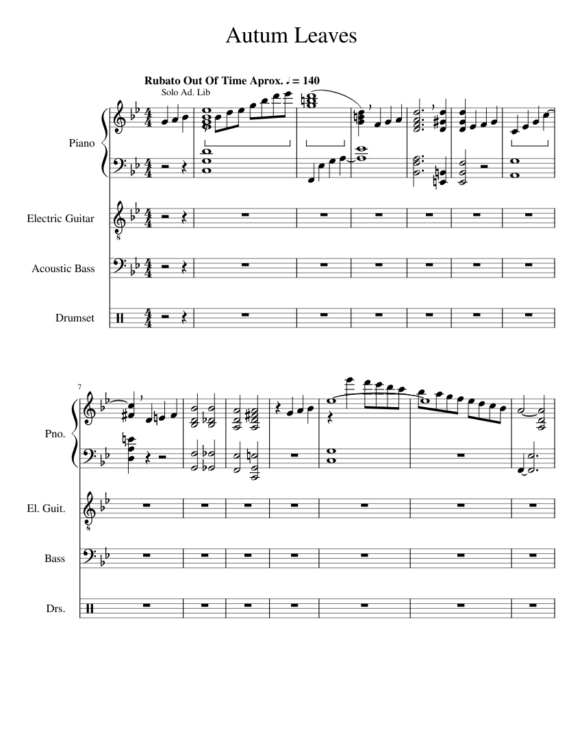 Autum Leaves Sheet music for Piano, Guitar, Bass guitar, Drum group ...