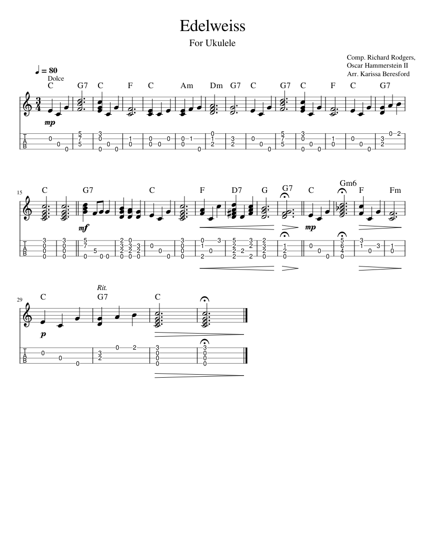 Edelweiss Ukulele Instrumental Sheet Music and Tab with Chords for ...