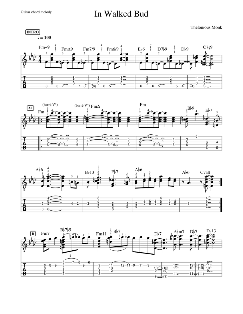 In Walked Bud (guitar chord melody) Sheet Music and Tab for Guitar ...