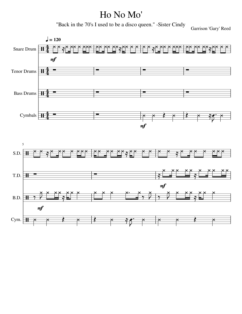 Ho No Mo Sheet music for Snare drum, Crash, Tenor drum, Bass drum (Drum ...