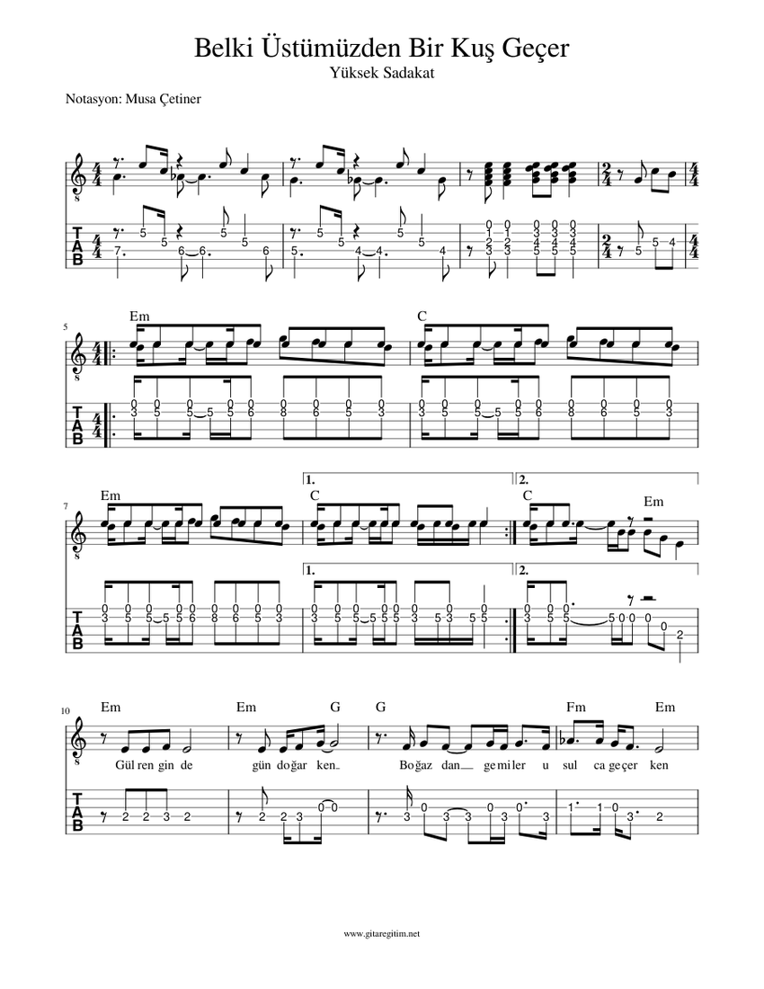 Belki Üstümüzden Bir Kuş Geçer Sheet Music and Tab with Chords for ...