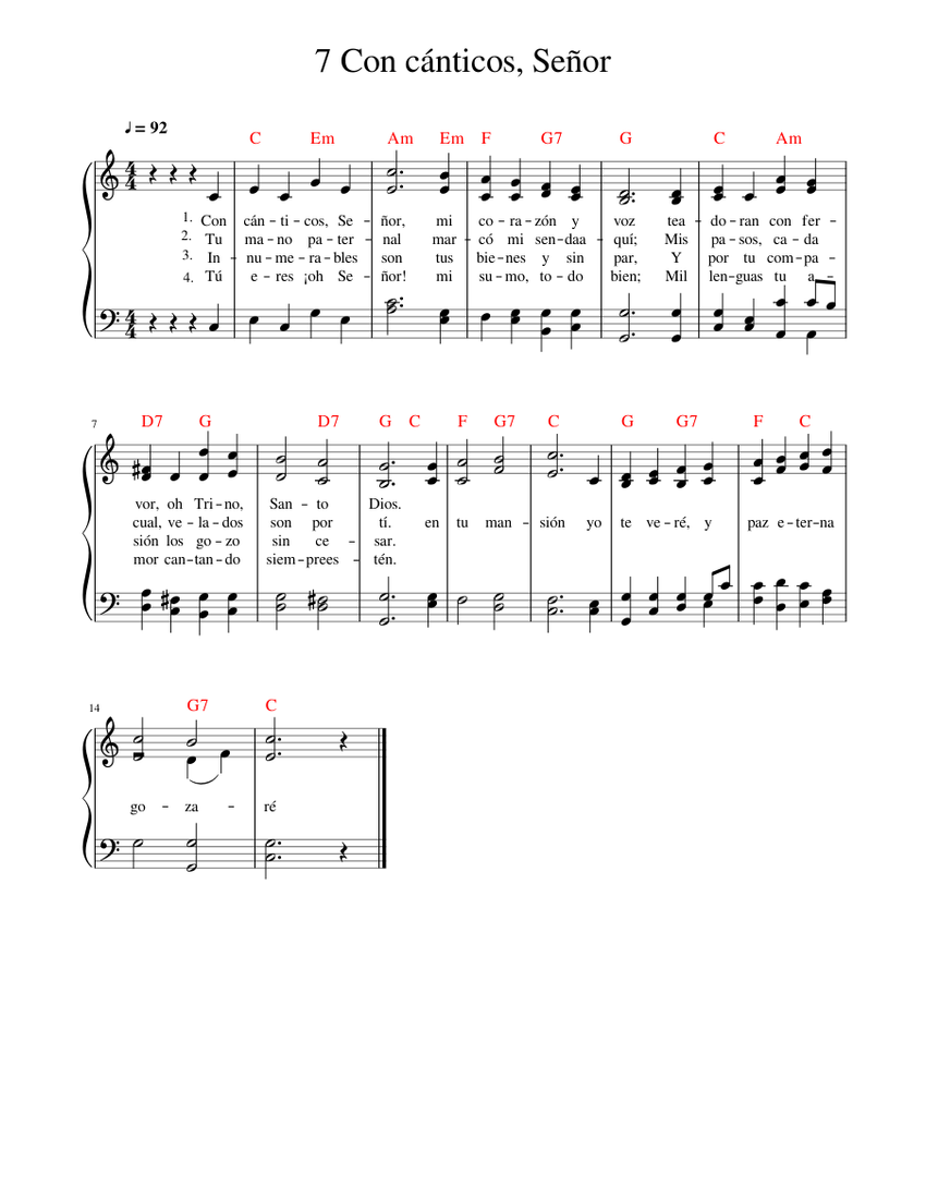 7 Con cánticos, Señor Sheet Music with Chords for Piano (Solo) Easy ...