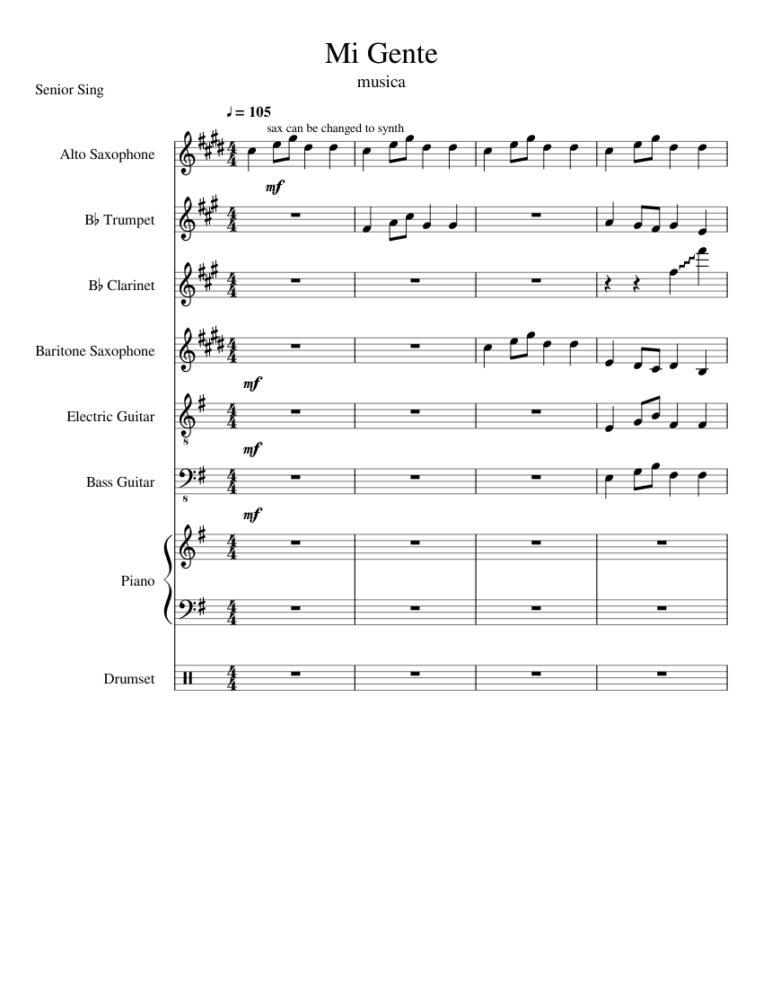 Mi Gente Sheet Music for Piano, Clarinet in b-flat, Saxophone alto ...