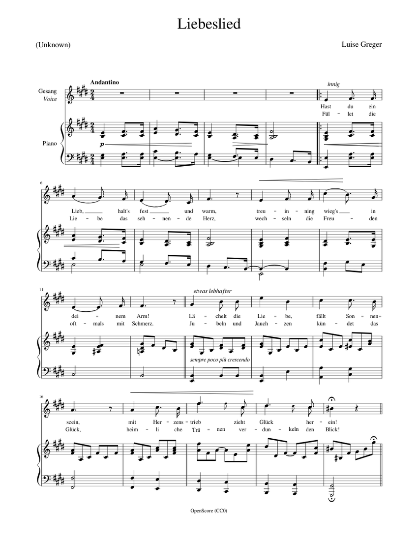 Greger, Luise - Liebeslied Sheet music for Piano, Vocals (Piano-Voice ...